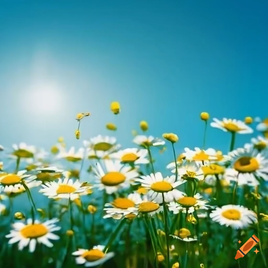 Vibrant daisy field under blue sky
