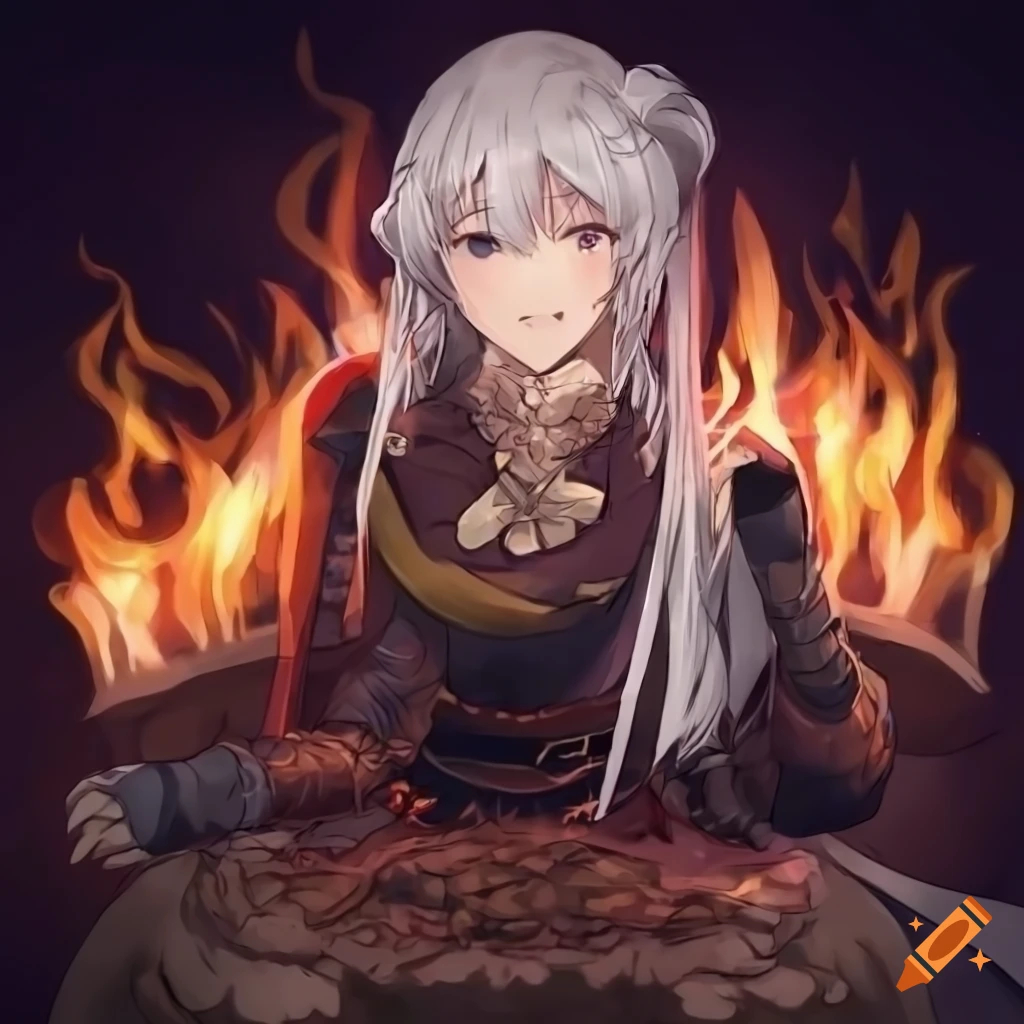 Anime-style knight and guard captain sitting by campfire on Craiyon