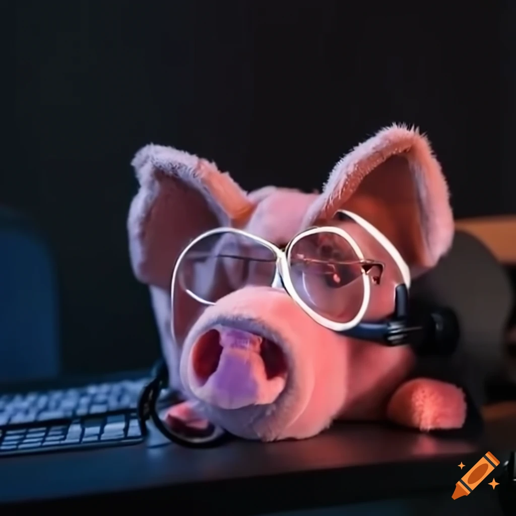 Pig stuffed animal wearing glasses and using headphones on a computer ...