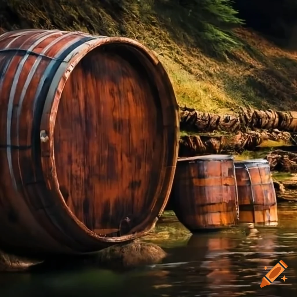 Whisky barrels in a scenic landscape