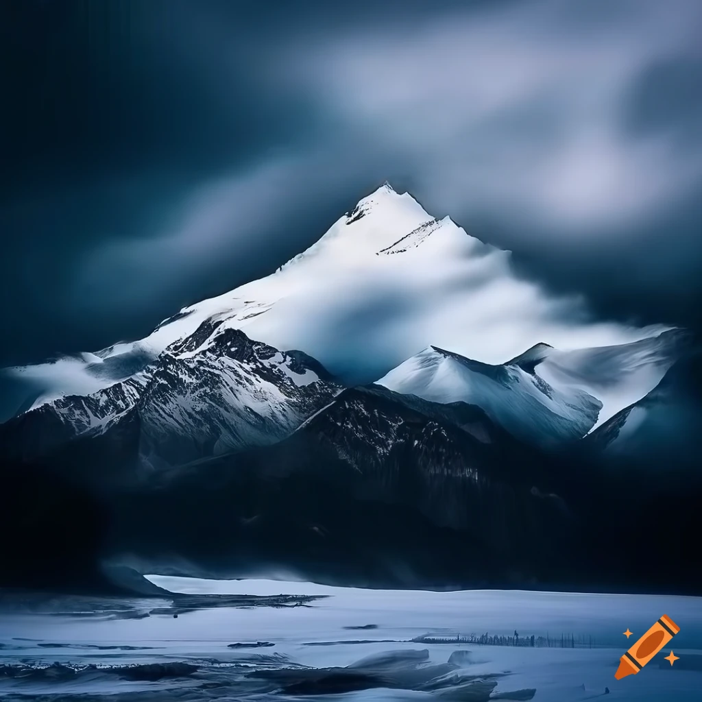 Photograph of snowy mountains and storm clouds on Craiyon
