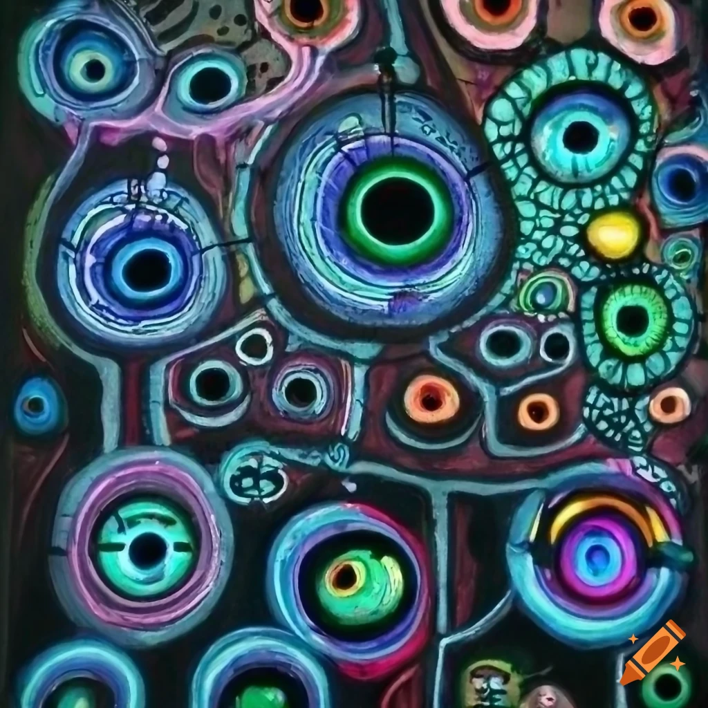Dystopian painting of eyes in Giger/Lovecraft/Hundertwasser style on ...