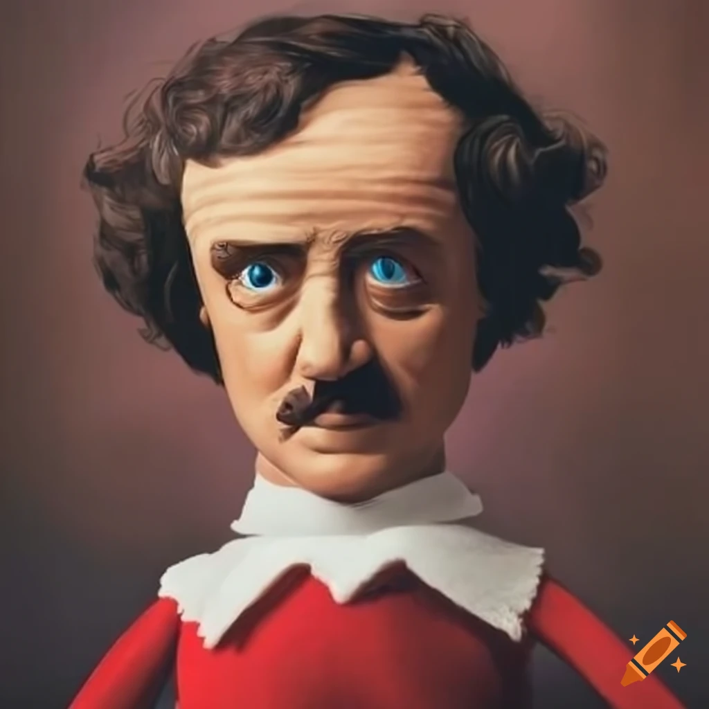 Humorous portrayal of edgar allen poe as an elf on a shelf
