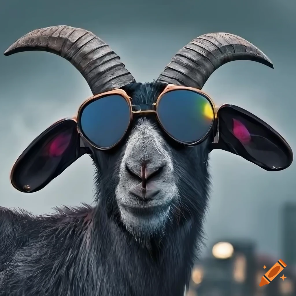 Photorealistic portrait of a cool black goat wearing sunglasses in the ...