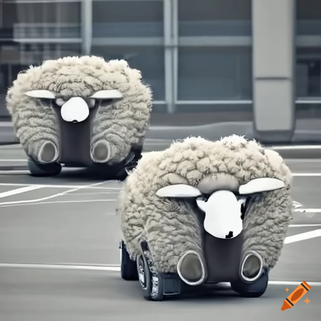 Sheeps with car wheels in a parking lot