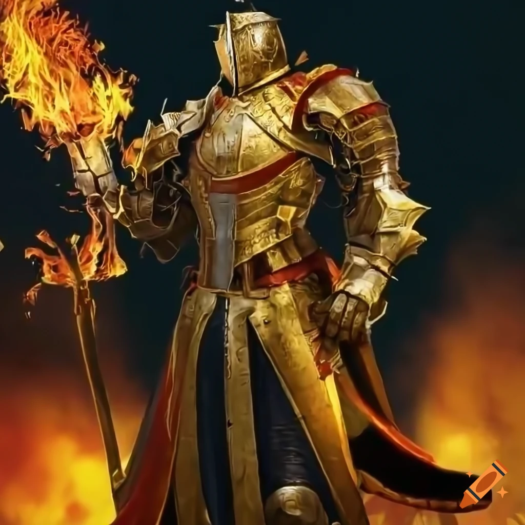 Photorealistic image of a golden armored knight with a flaming axe