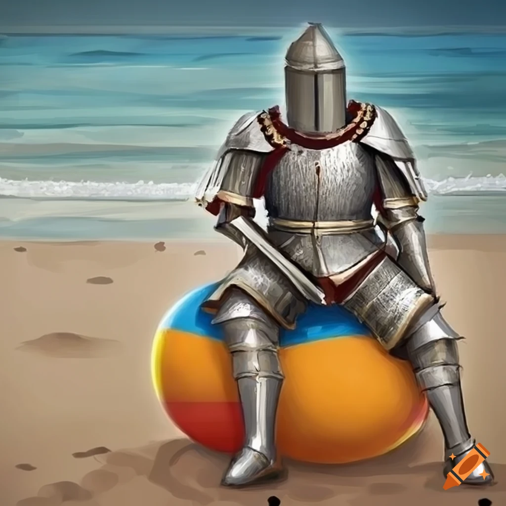 Knight in armor sitting on a beachball
