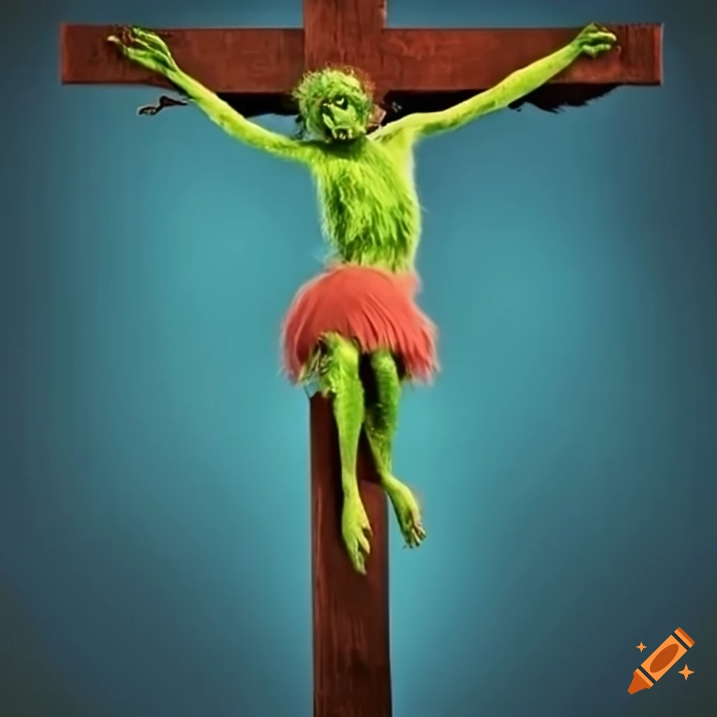 Satirical depiction of the grinch as jesus on the cross