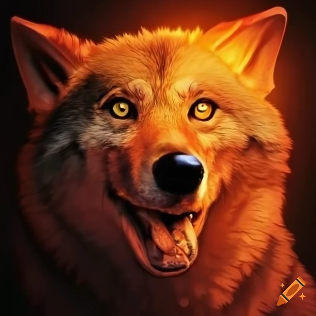 Glowing orange wolf in the night