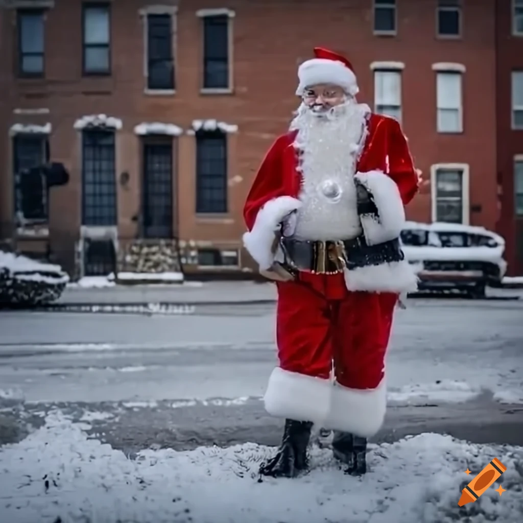 Intricate artwork of sad santa in snowstorm