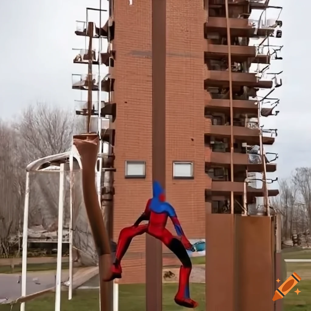 Spider-man shaped climbing frame next to apartment buildings on Craiyon