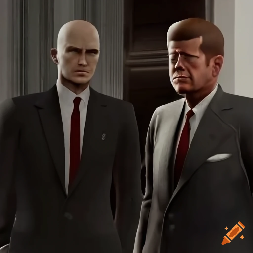 Screenshot from hitman 4 game with president jfk and agent 47