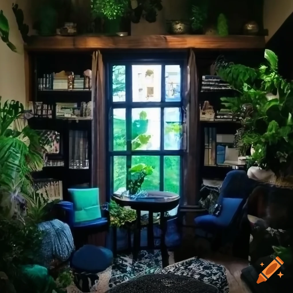 Cozy cottagecore room with bookshelf and plants on Craiyon