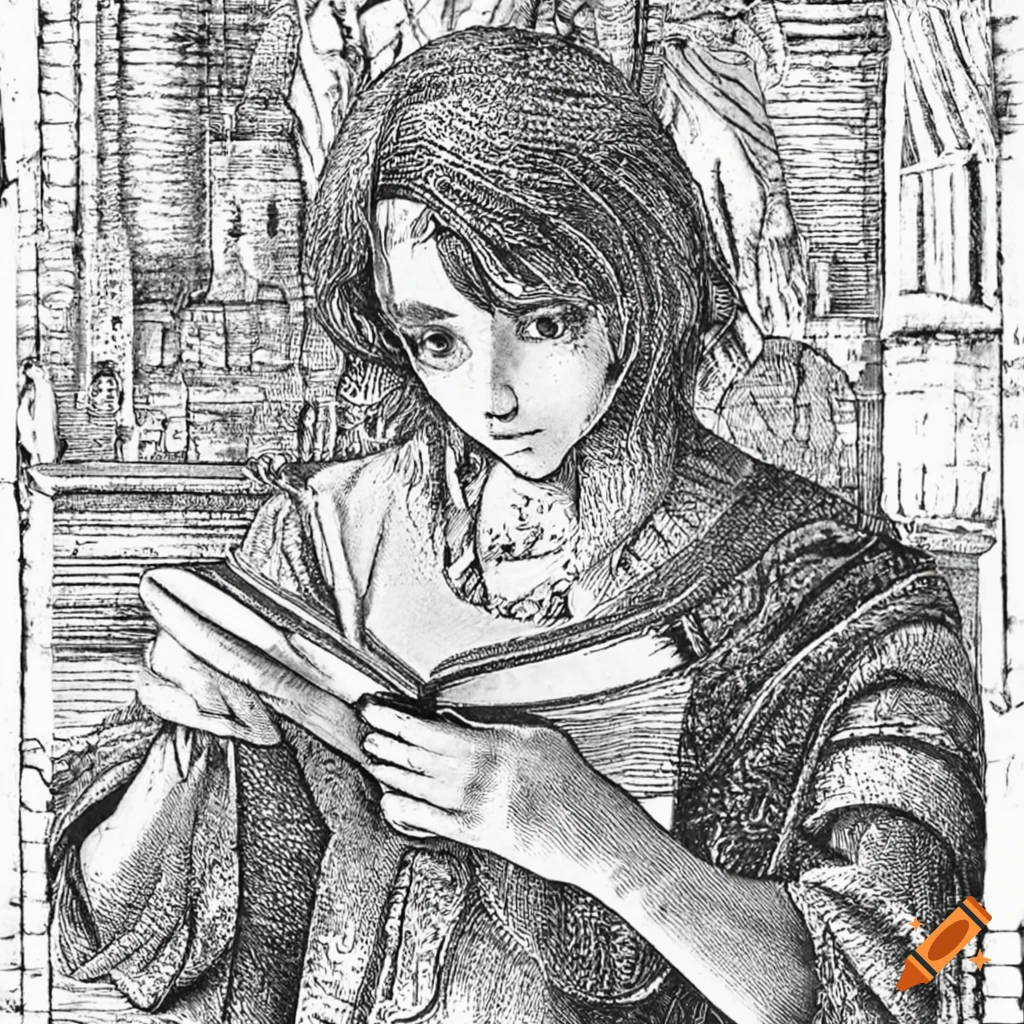 Black and white etching of a young man reading a book on Craiyon