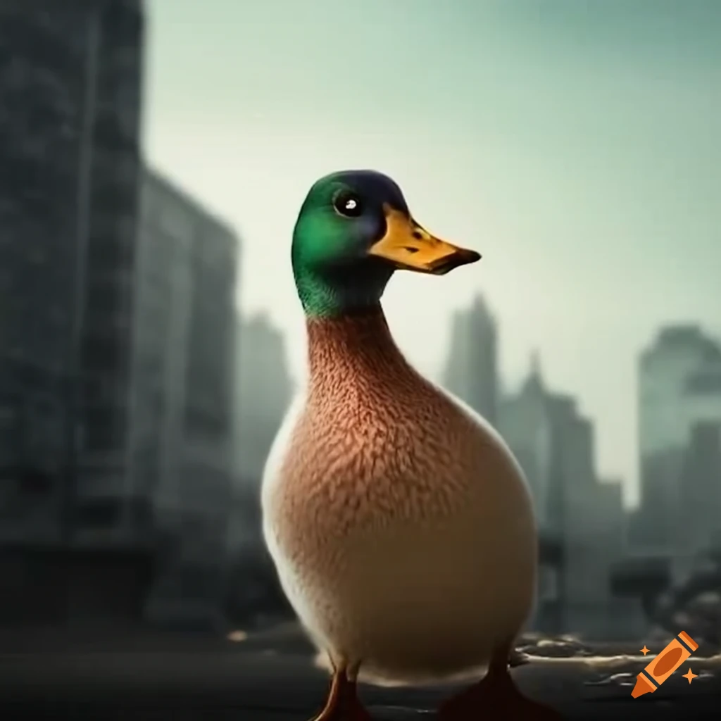 A whimsical Tovo-duck exploring a miniature city on Craiyon