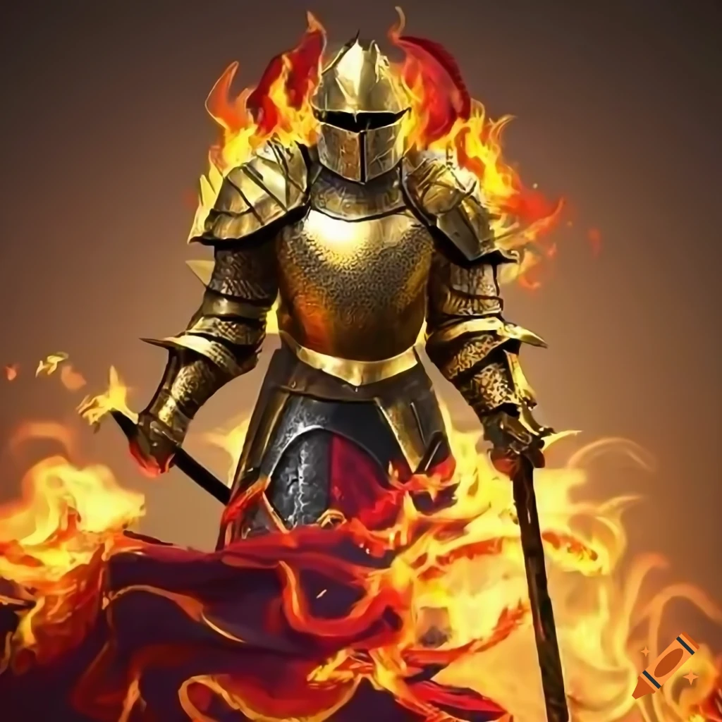 Photorealistic image of a golden knight with a flaming axe