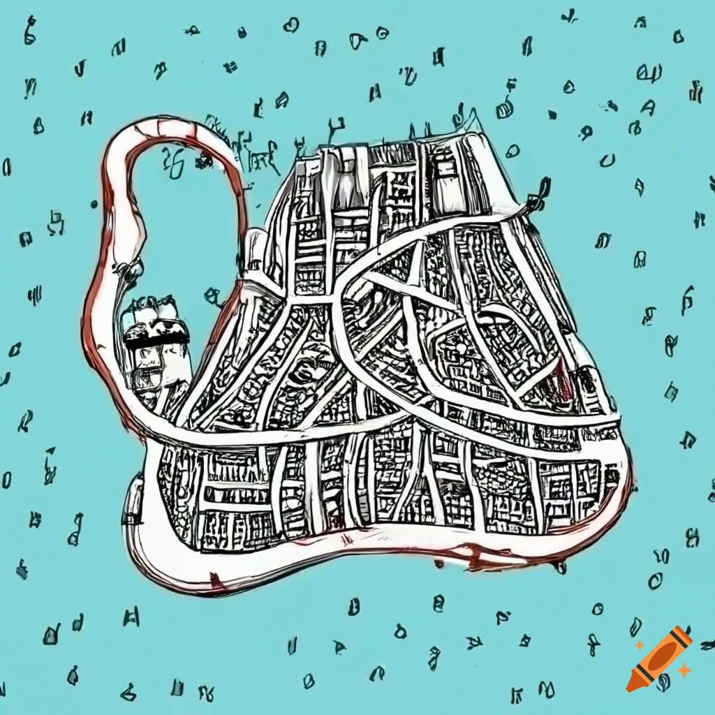 Black and white cartoon map of blackpool with main attractions on Craiyon