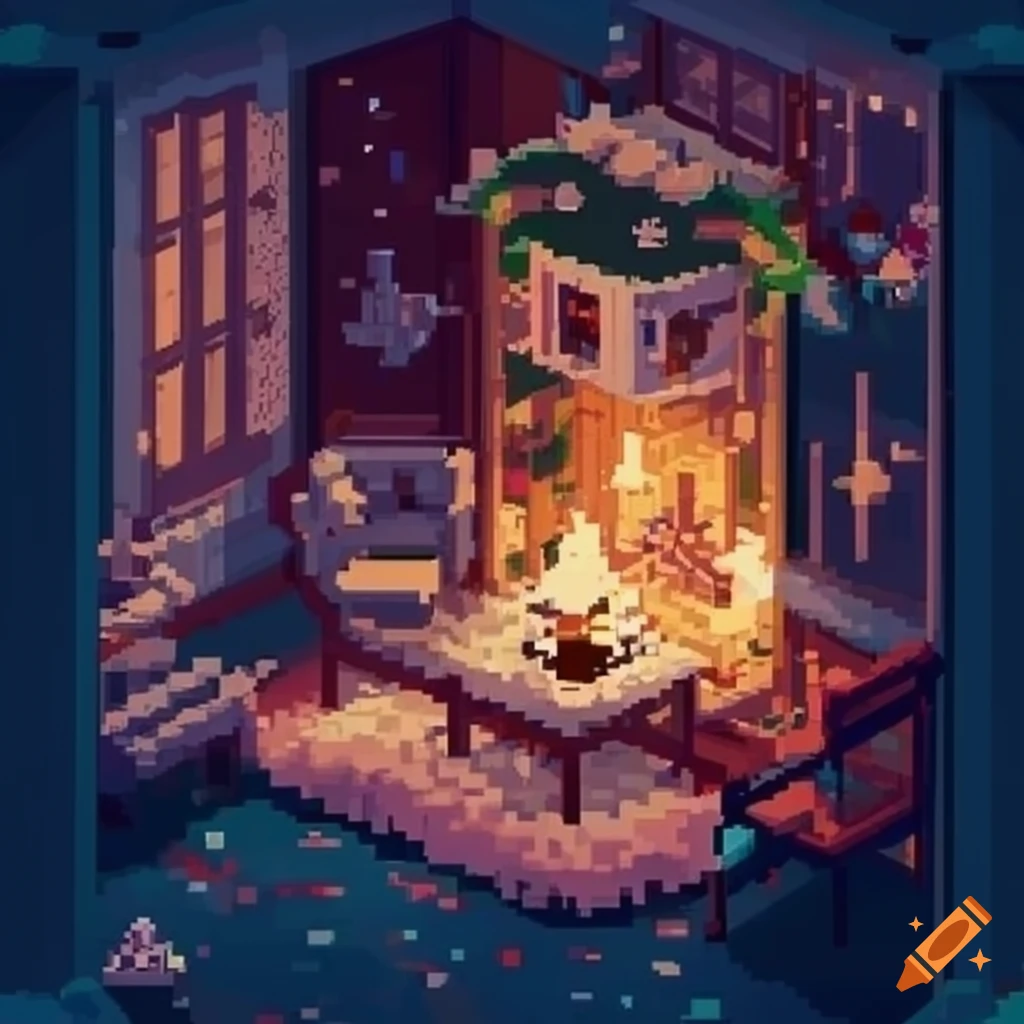 Cozy winter-themed pixel art room on Craiyon