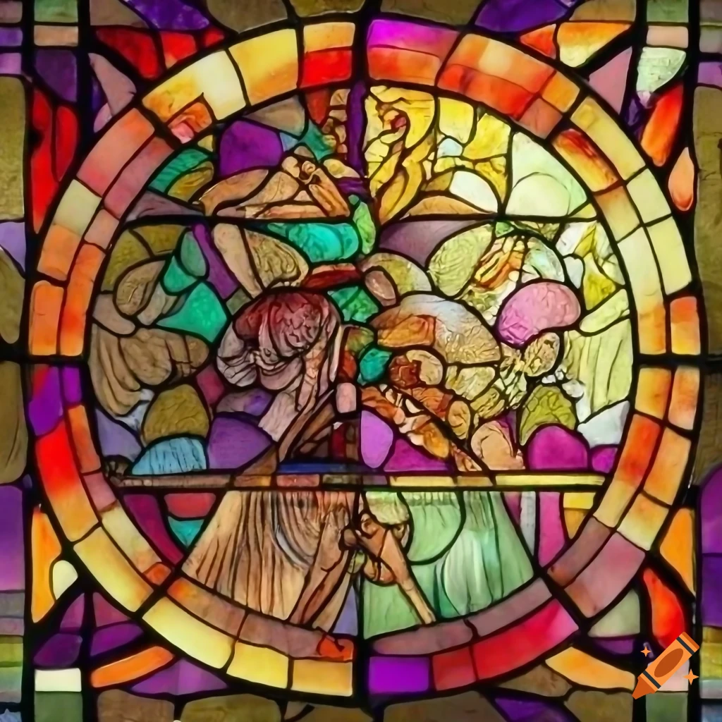 Stained glass window depicting the four seasons in paganism