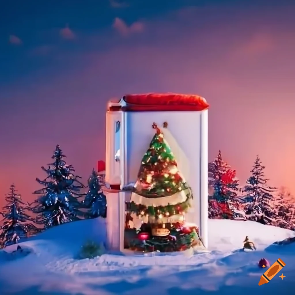 Festive refrigerator on snowy hill with santa on Craiyon