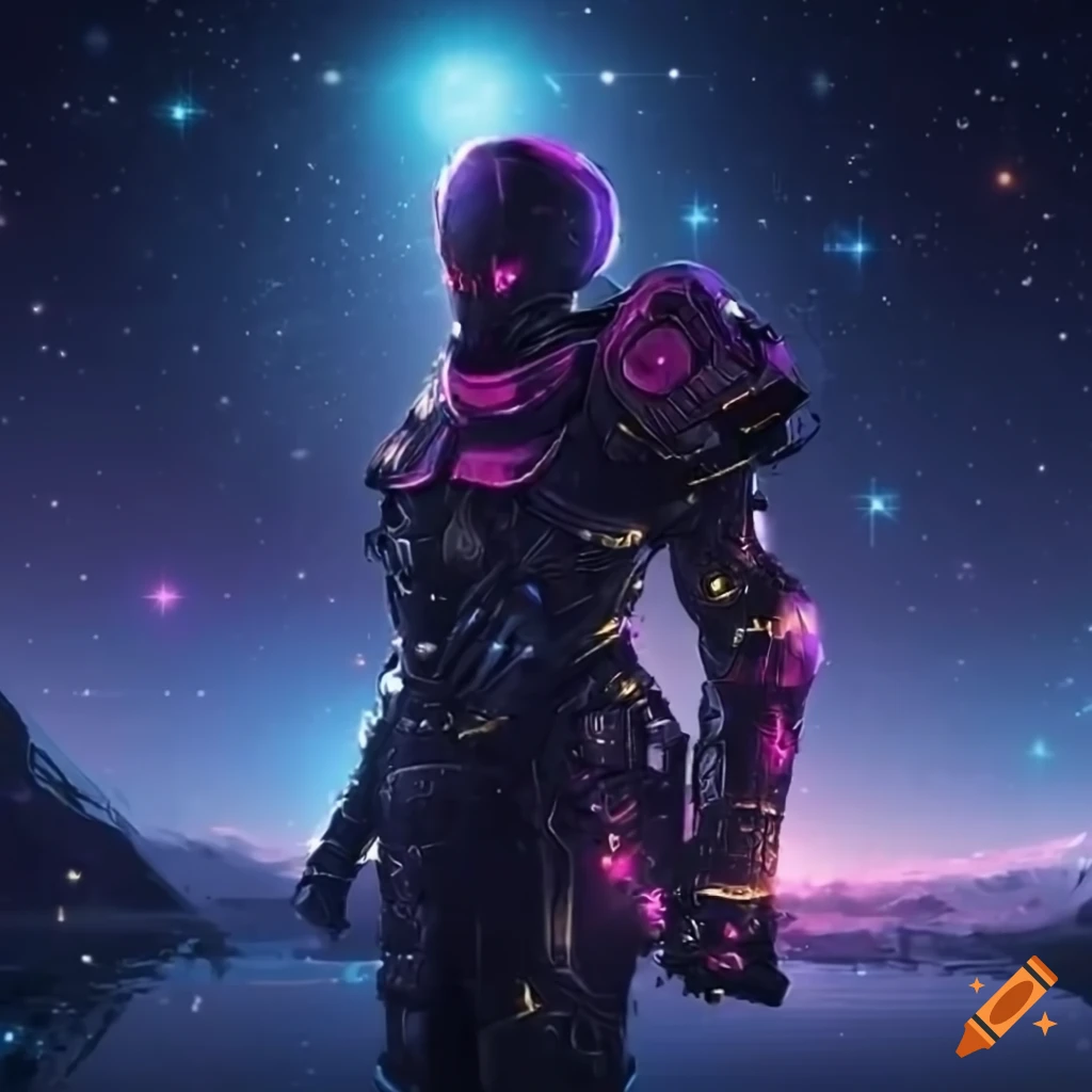 Detailed image of a cyberpunk knight in space