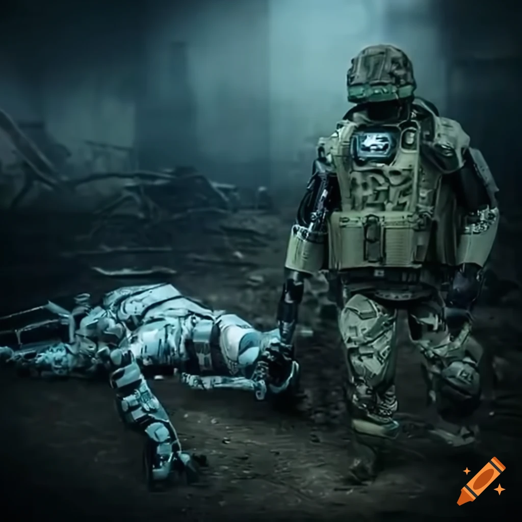 Futuristic ai robot standing over a fallen soldier