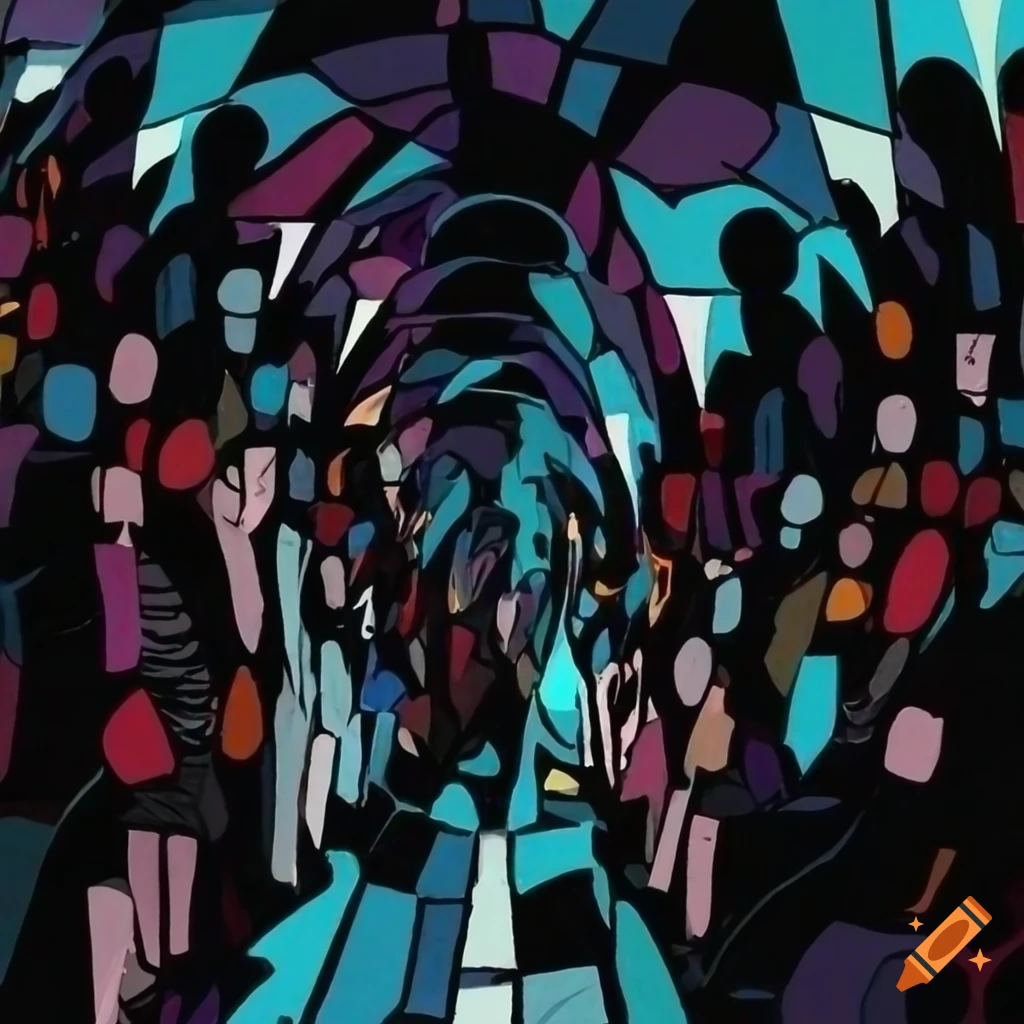 Dark abstract mosaic painting of a crowd on Craiyon