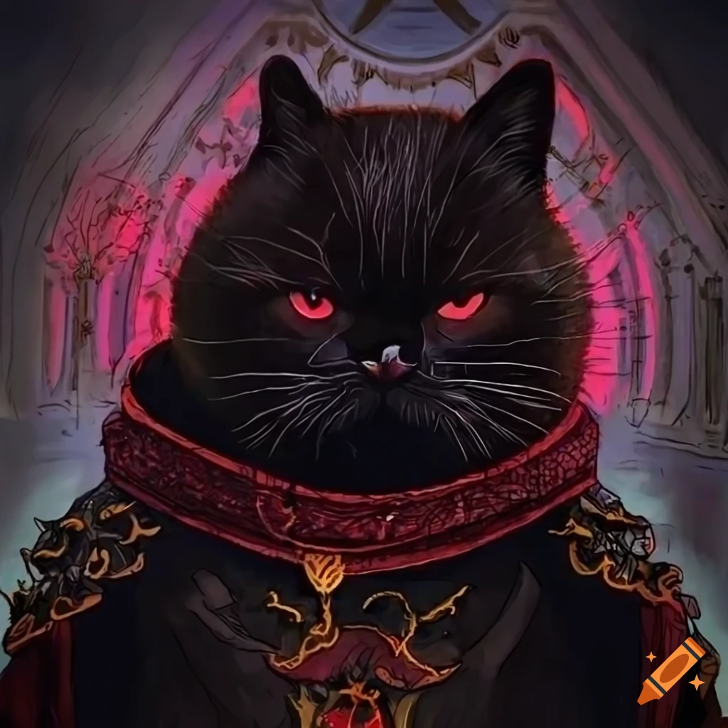 Illustration of a chubby black cat pope in armor on a throne on Craiyon