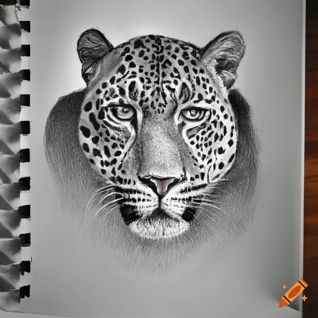 Realistic black and white sketch of a leopard