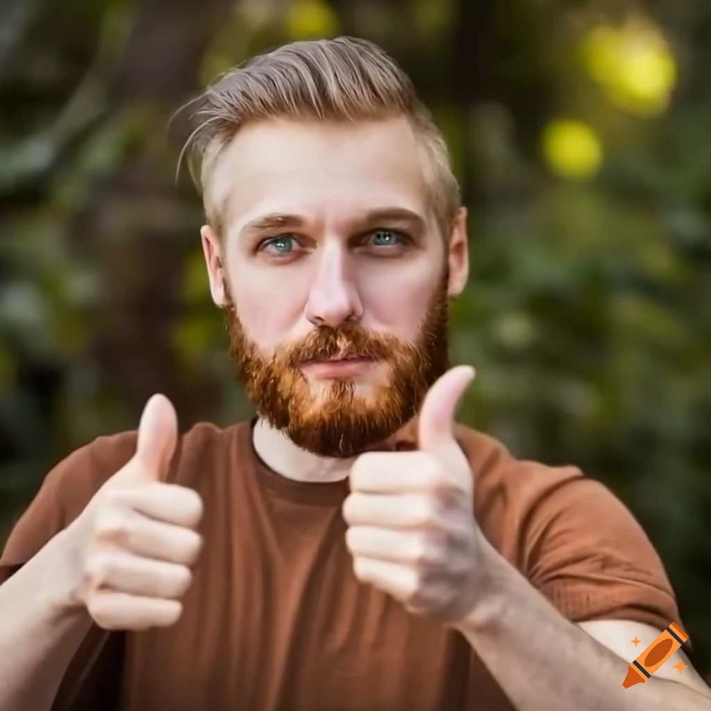 Man with brown hair and blonde beard smiling in backyard on Craiyon