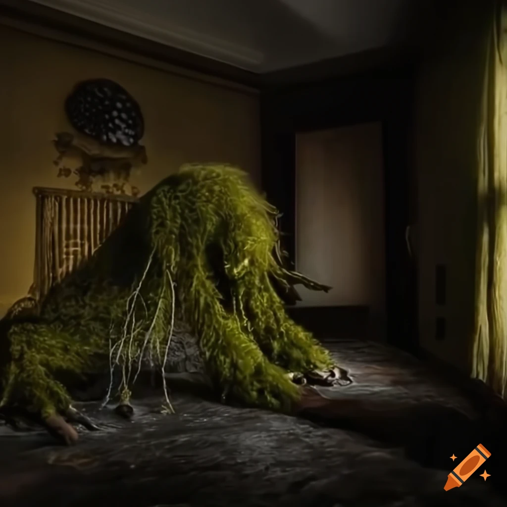 Hyper realistic moss monster emerging from an old wallpaper on Craiyon