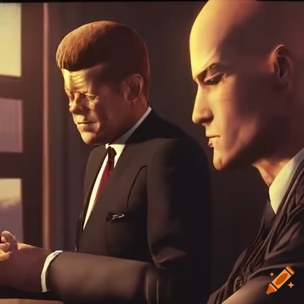Screenshot from hitman 4 game: jfk smoking with agent 47 on Craiyon