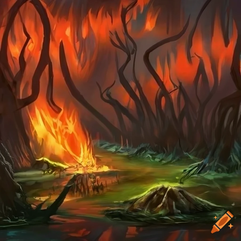 Fantasy artwork of a burning swamp