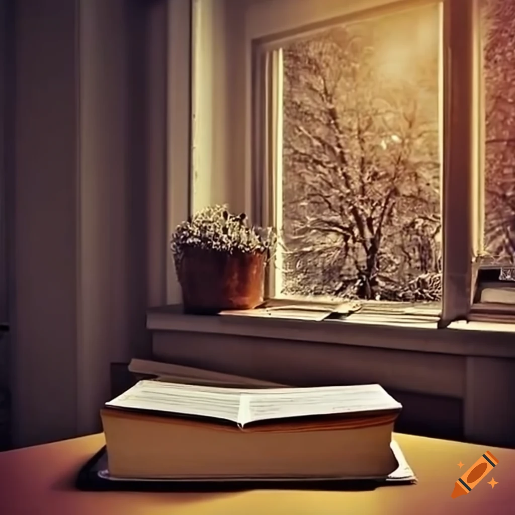 Books on a table with winter scenery outside on Craiyon