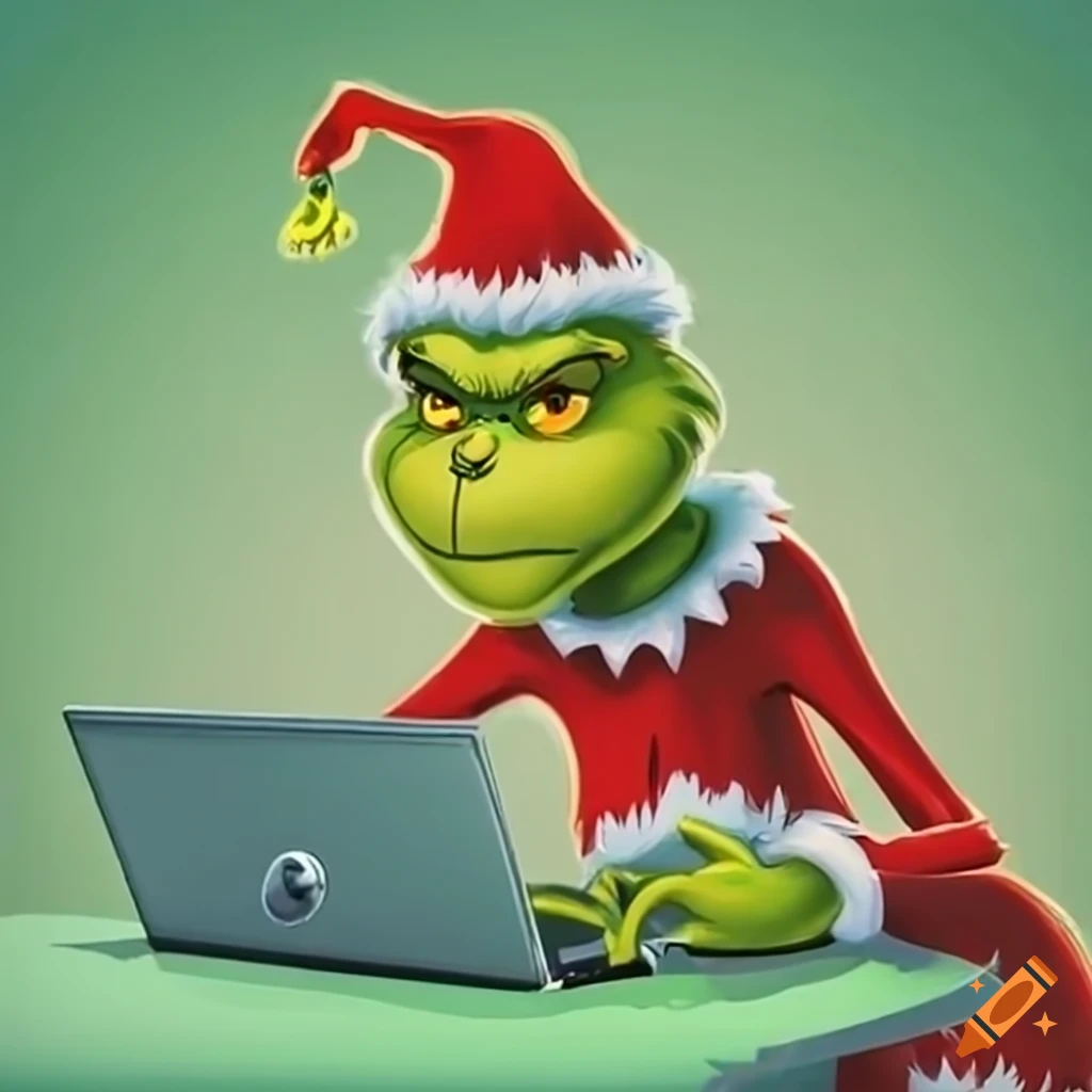 Cartoon grinch at a computer on Craiyon