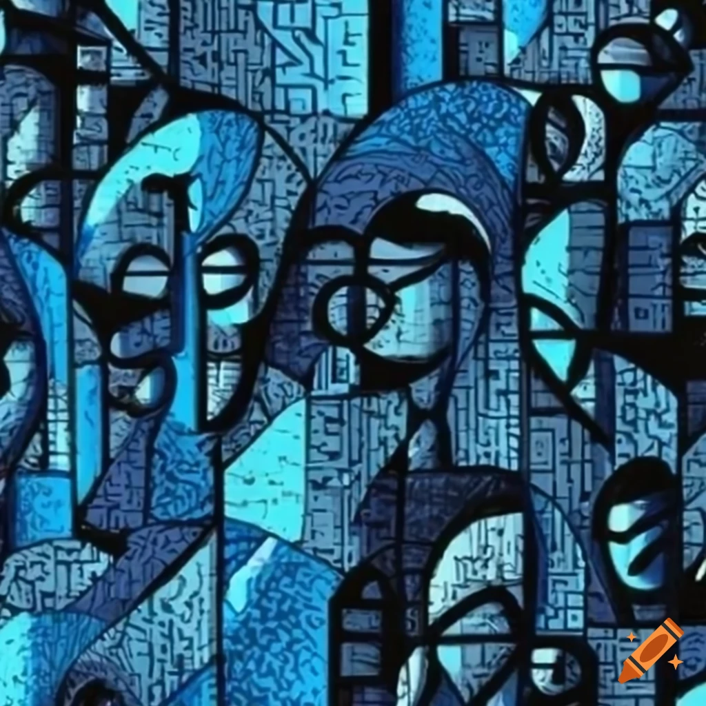Abstract mosaic painting of people in a maze