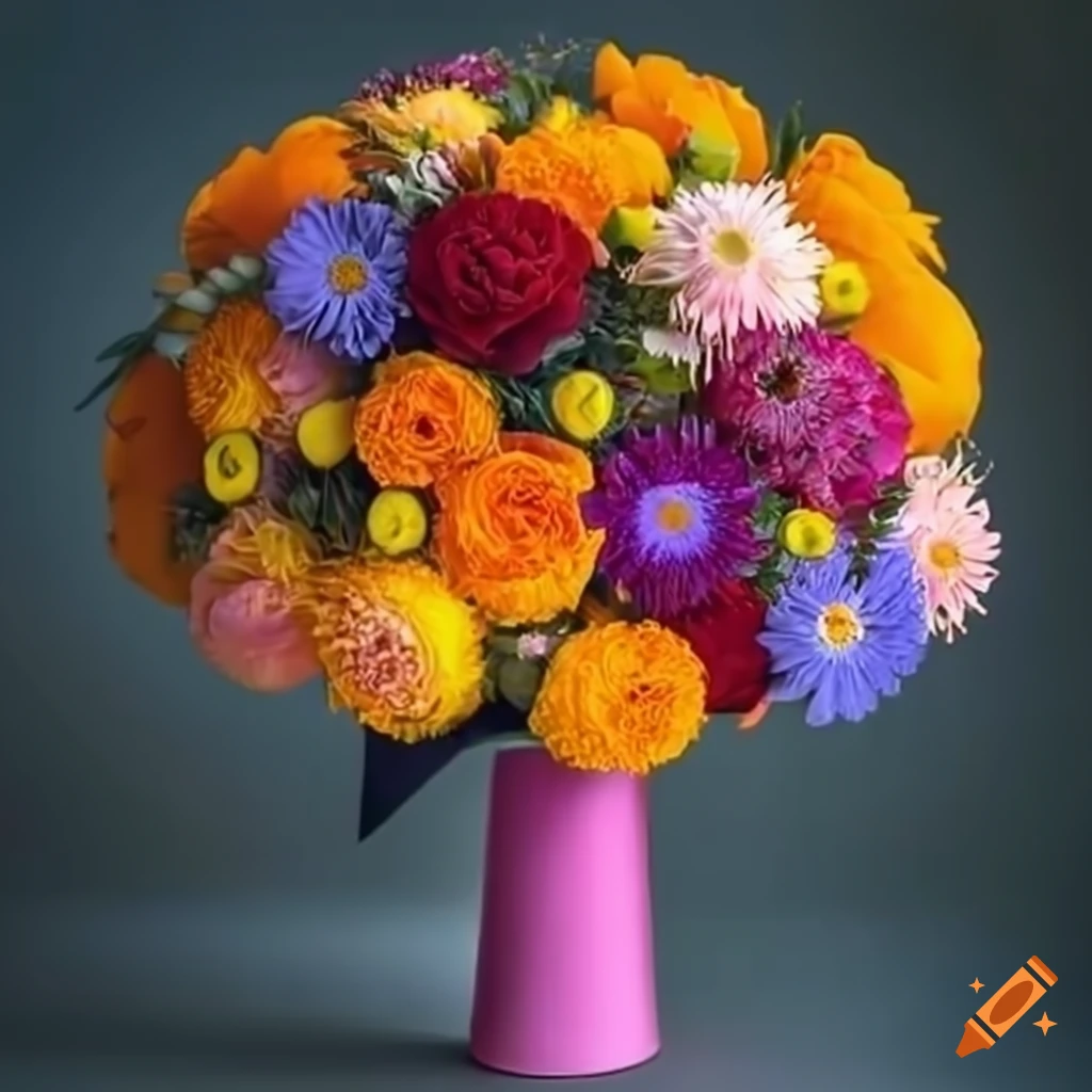 Bouquet of aster, marigold, cosmo, honeysuckle, rose, morning glory ...