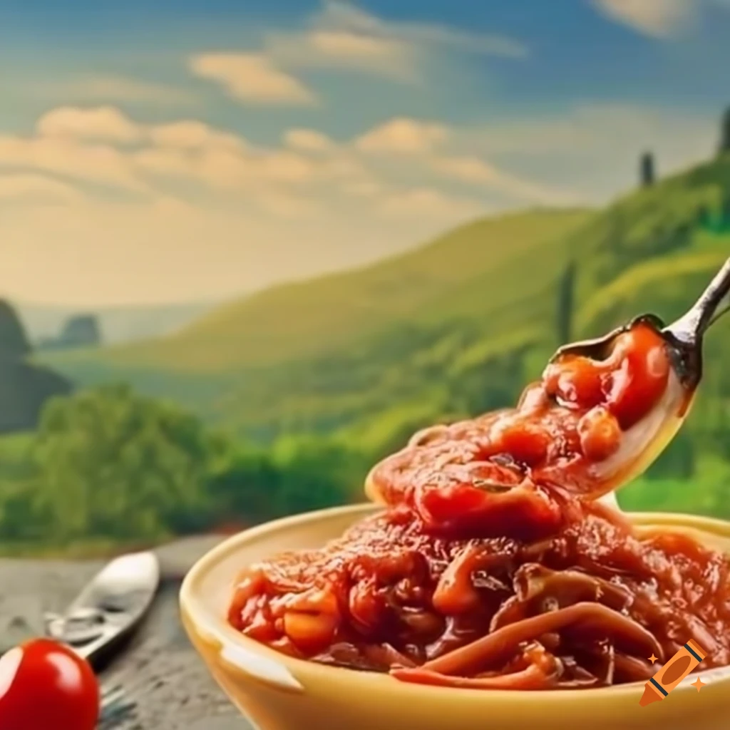 Italian landscape with pasta sauce and tomatoes on Craiyon
