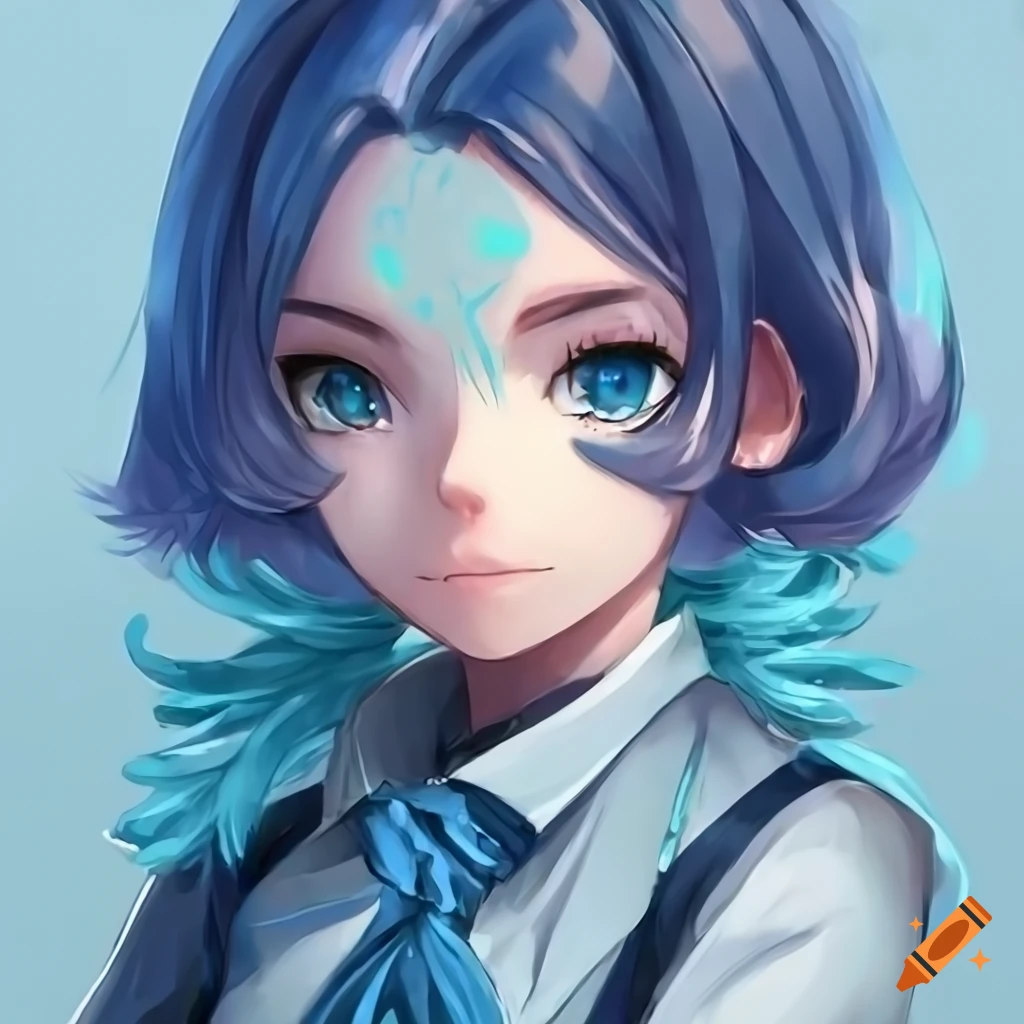 Portrait of an anime girl with blue skin and short blue hair