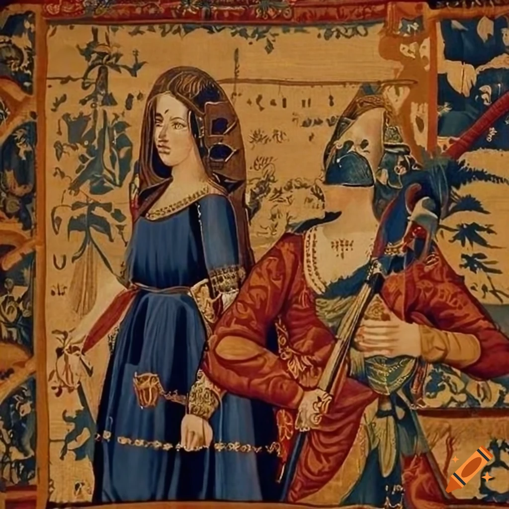 Medieval tapestry of a woman in armor battle on Craiyon