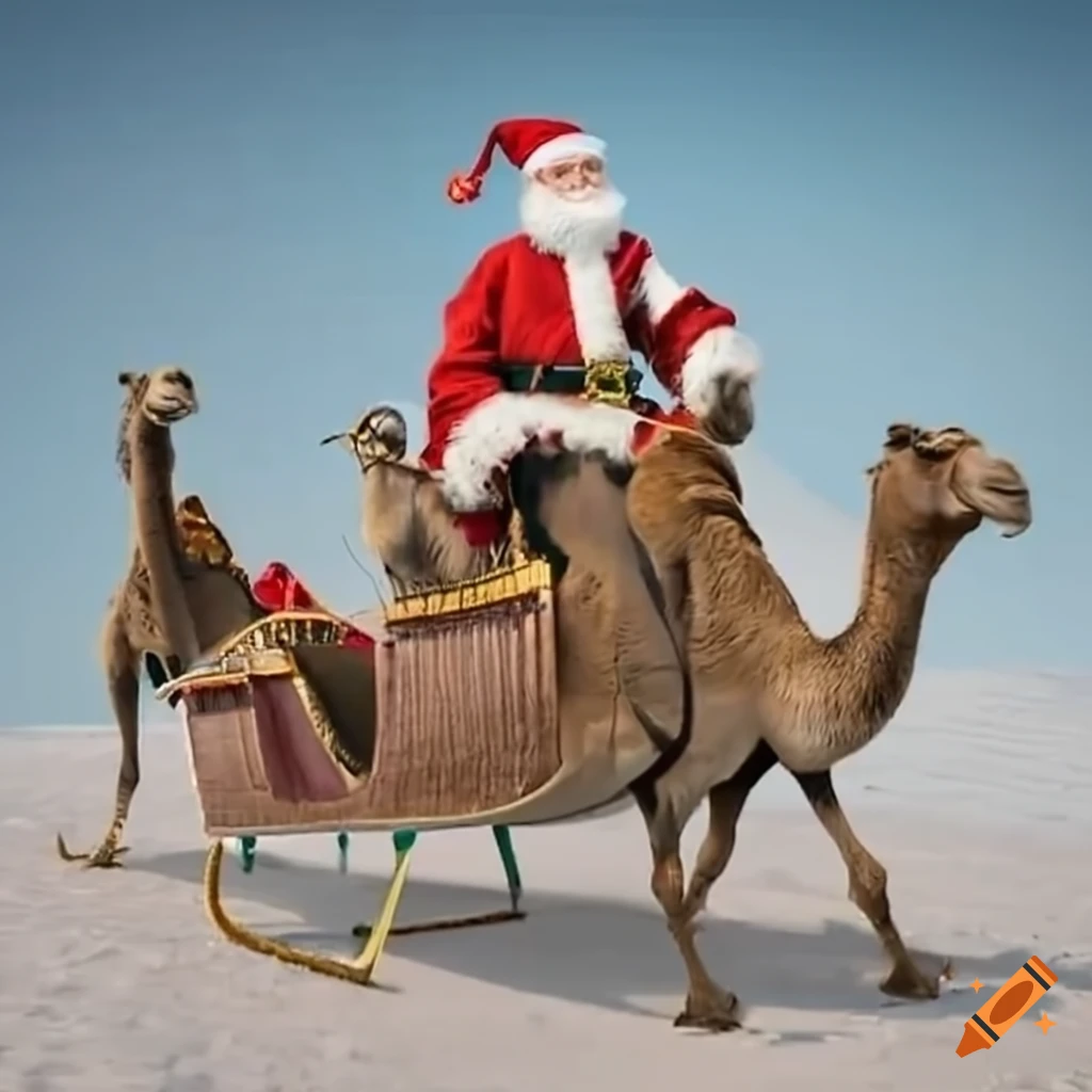 Camels pulling santa's sleigh on Craiyon