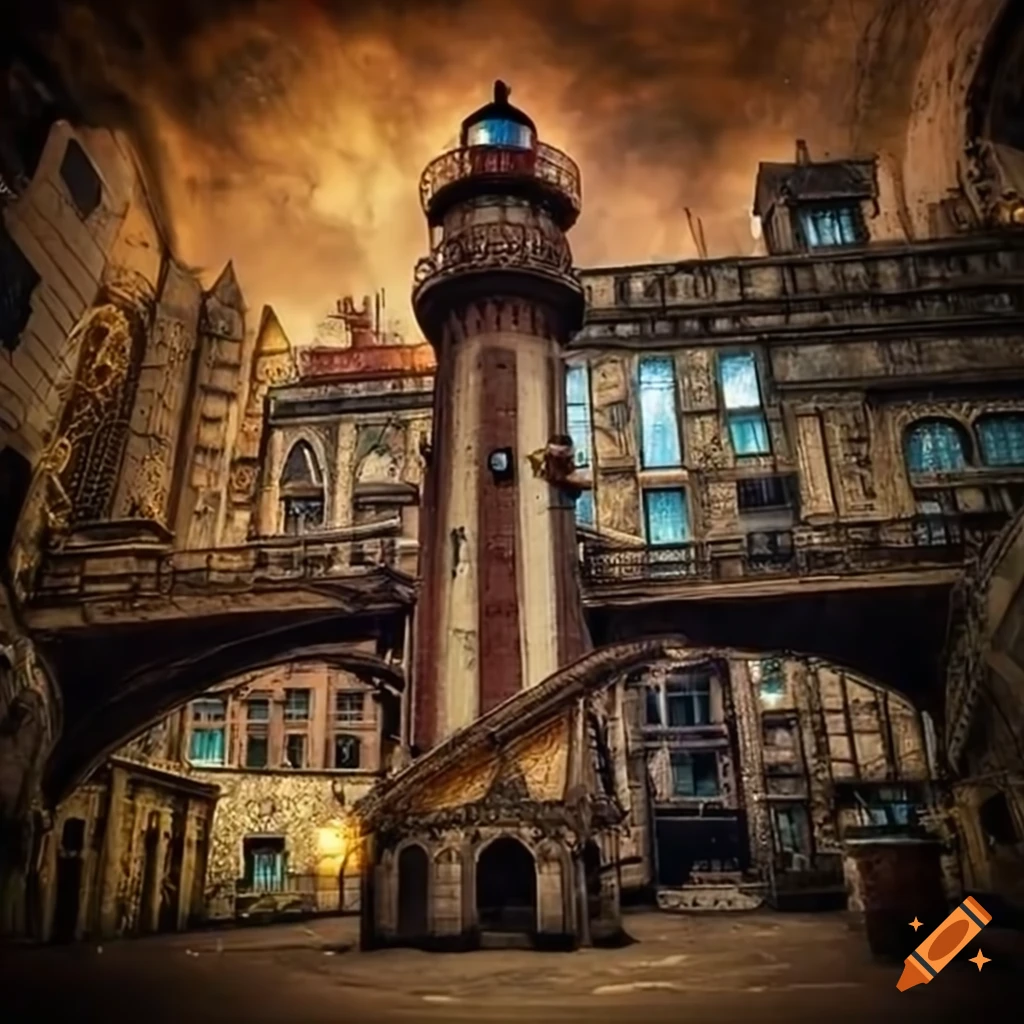 Image of a steampunk underground city with a giant gear-operated lighthouse