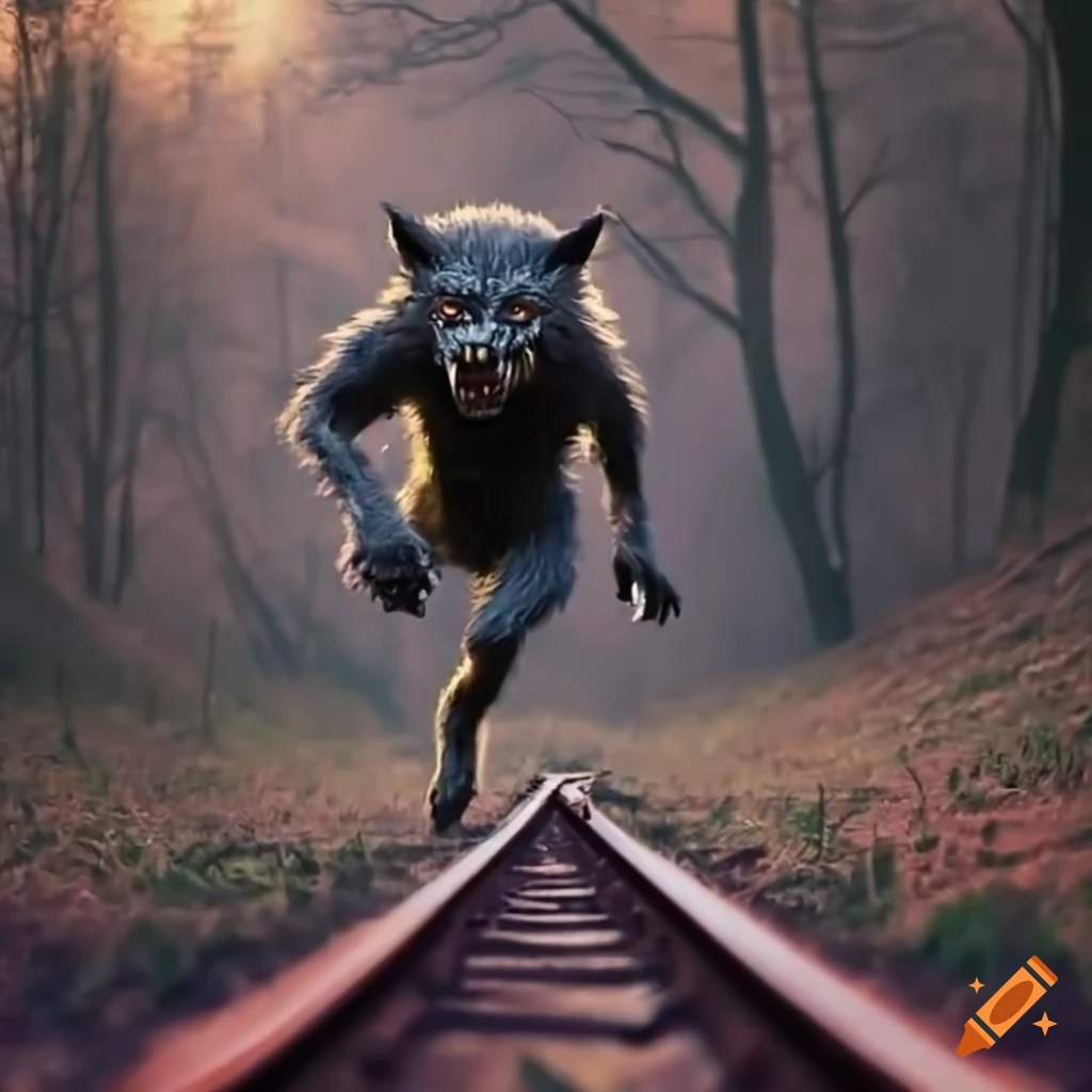Werewolf running on an old train track at dusk