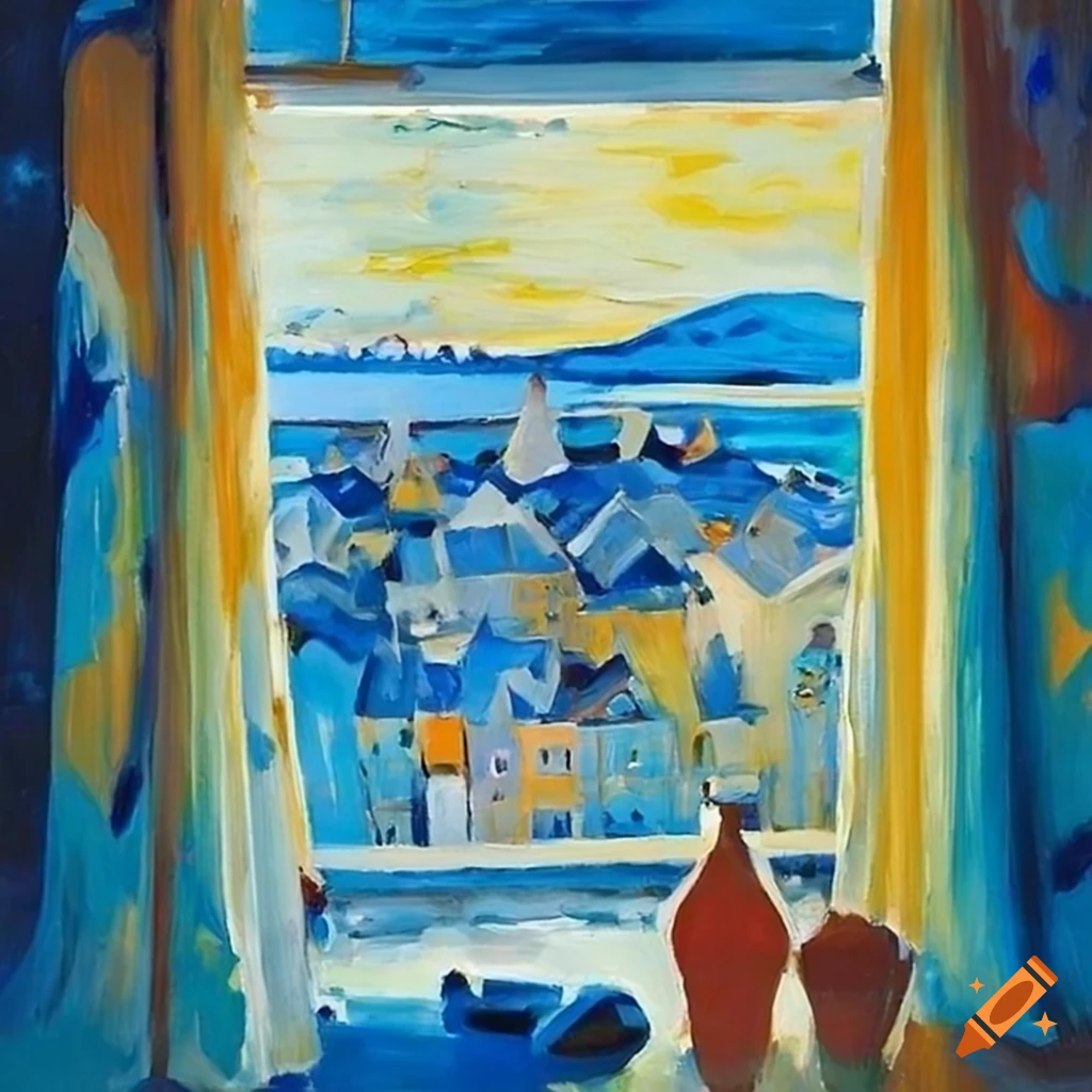 Abstract oil painting with flapping curtains through window