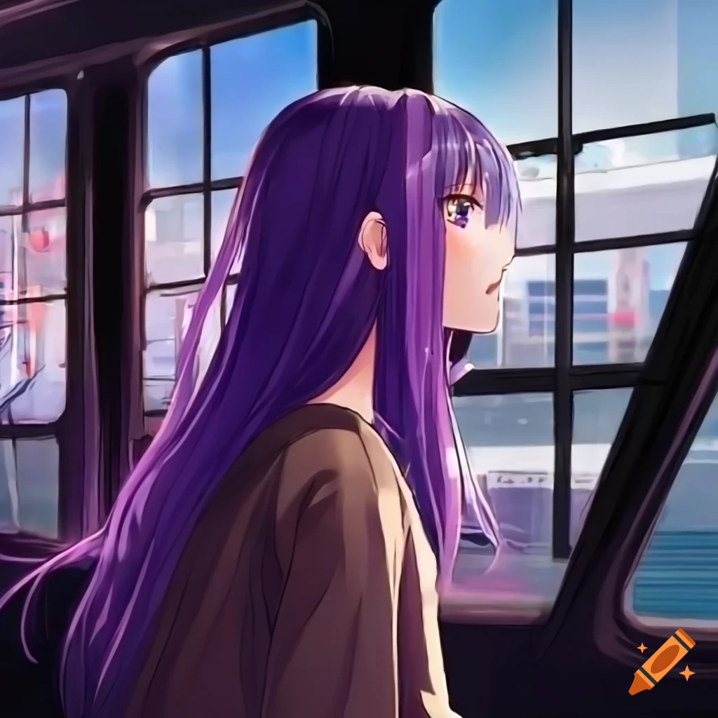 Anime girl on a city bus looking out the window