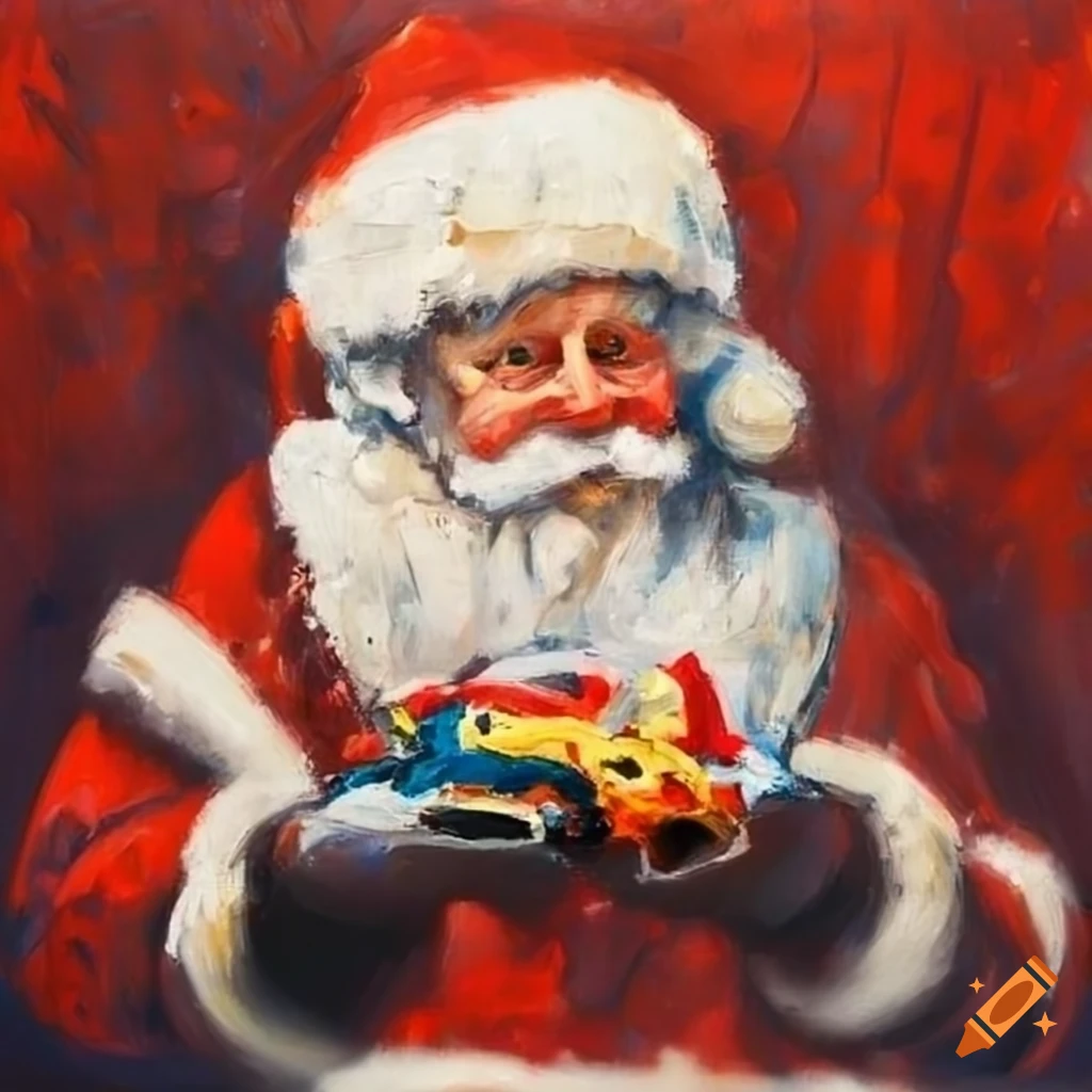 Abstract painting of santa and a toy car near fireplace on Craiyon