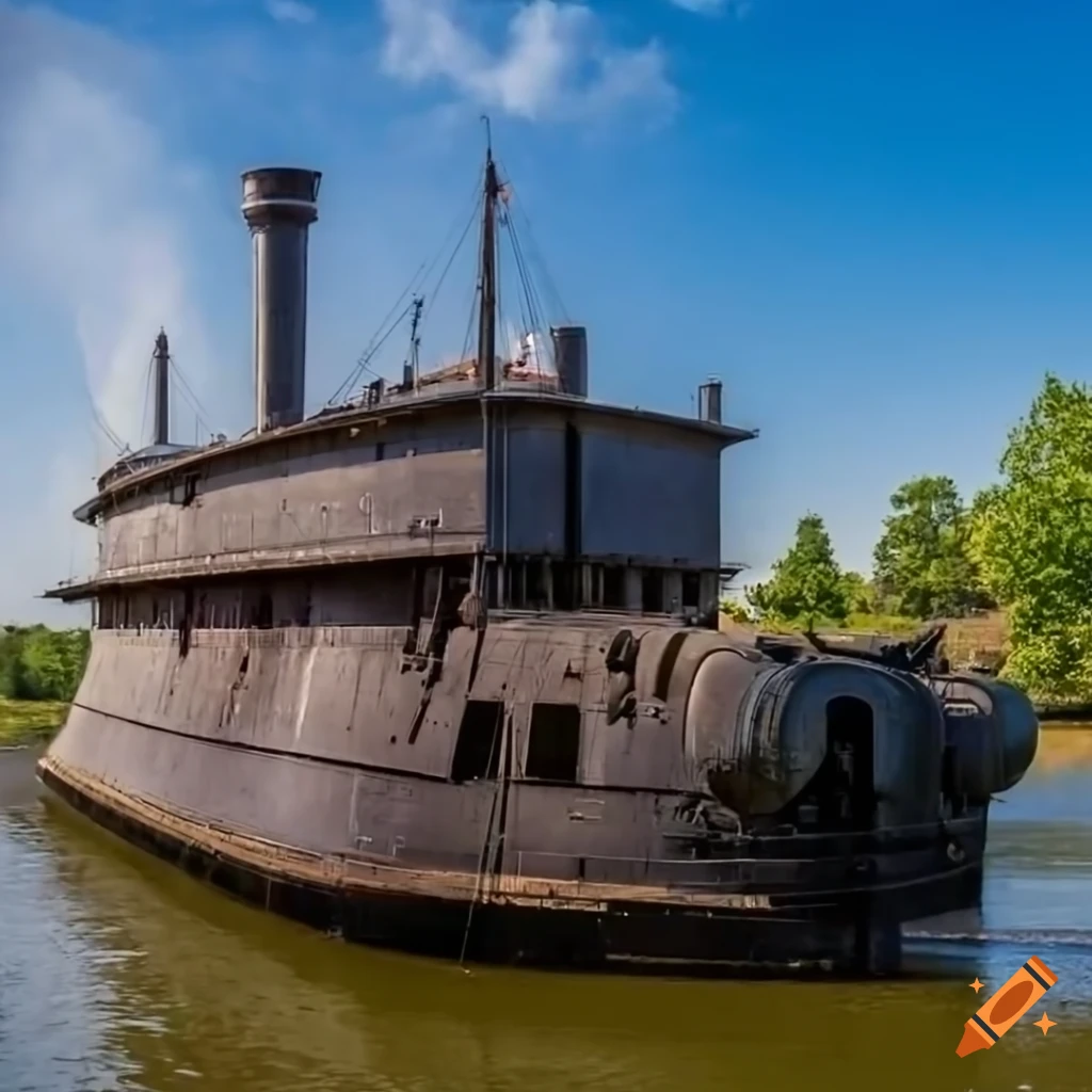 Gray ironclad ship with multiple cannons navigating a river