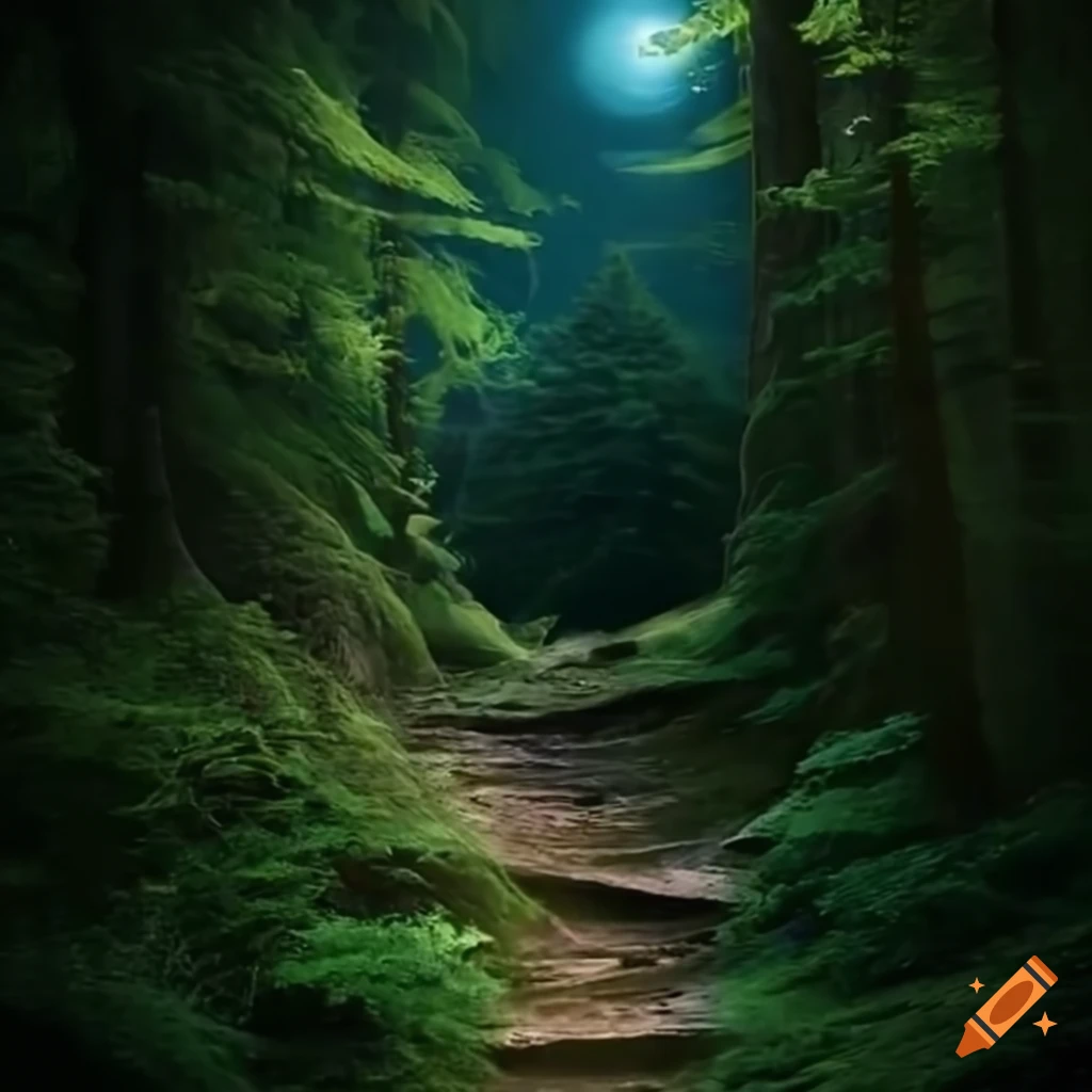 Enchanted mountain trail in the moonlight on Craiyon