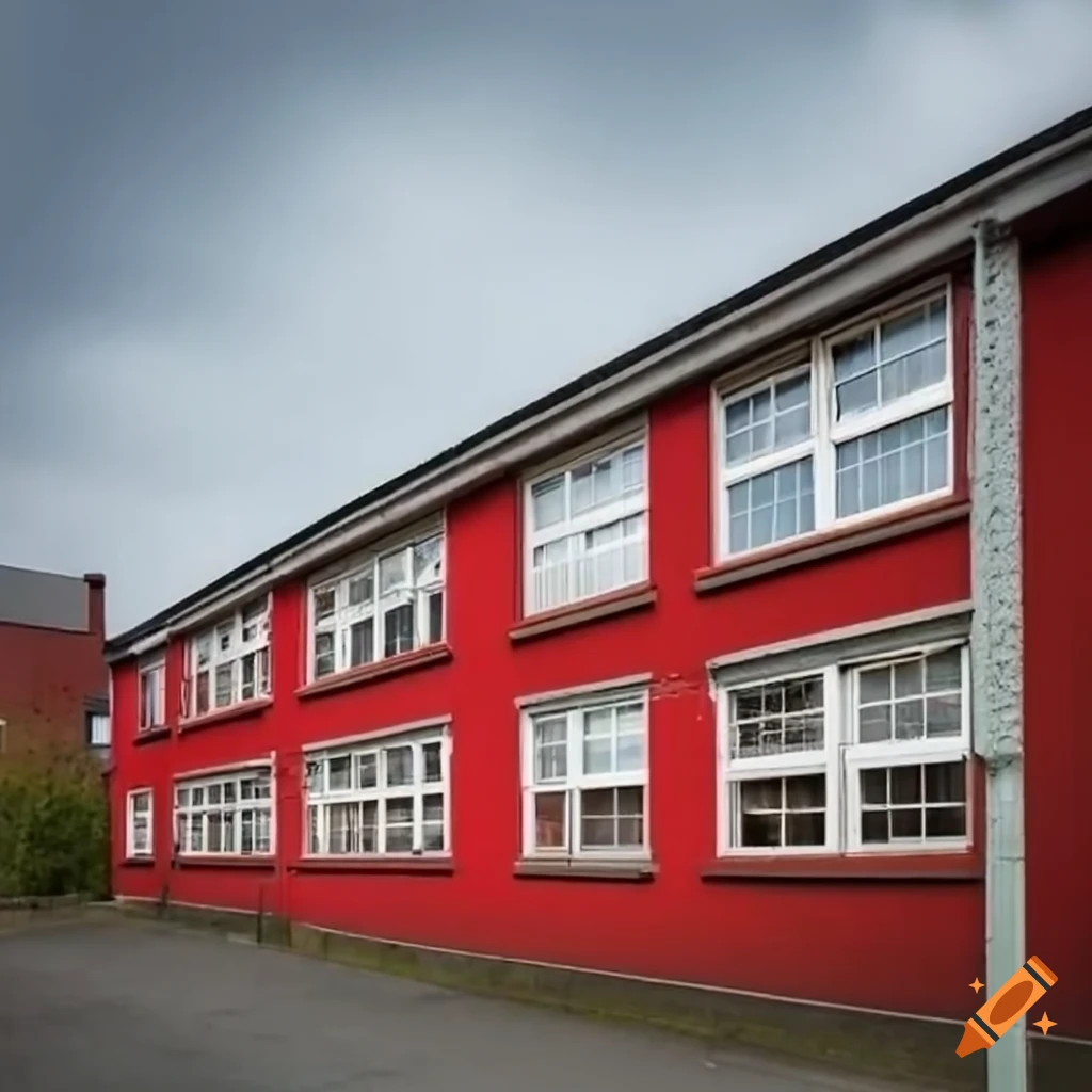 Two-storey school buildings with a grey yard on Craiyon
