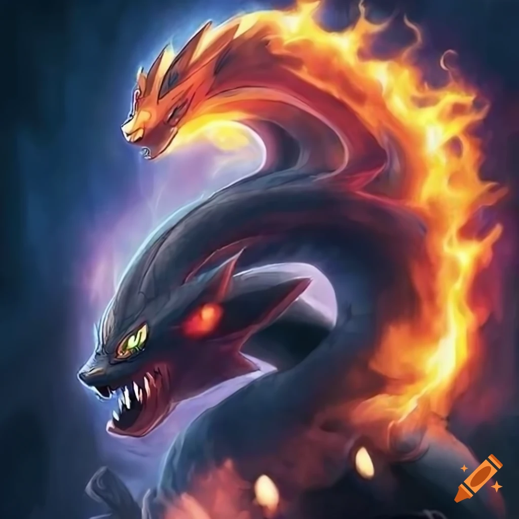 Detailed illustration of a fiery and electrifying hydra pokémon